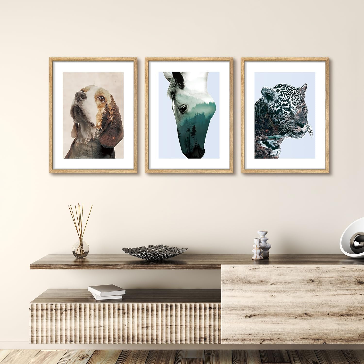 PixonSign Framed Wall Art Wildlife Double Exposure Posters, Set of 3 ...