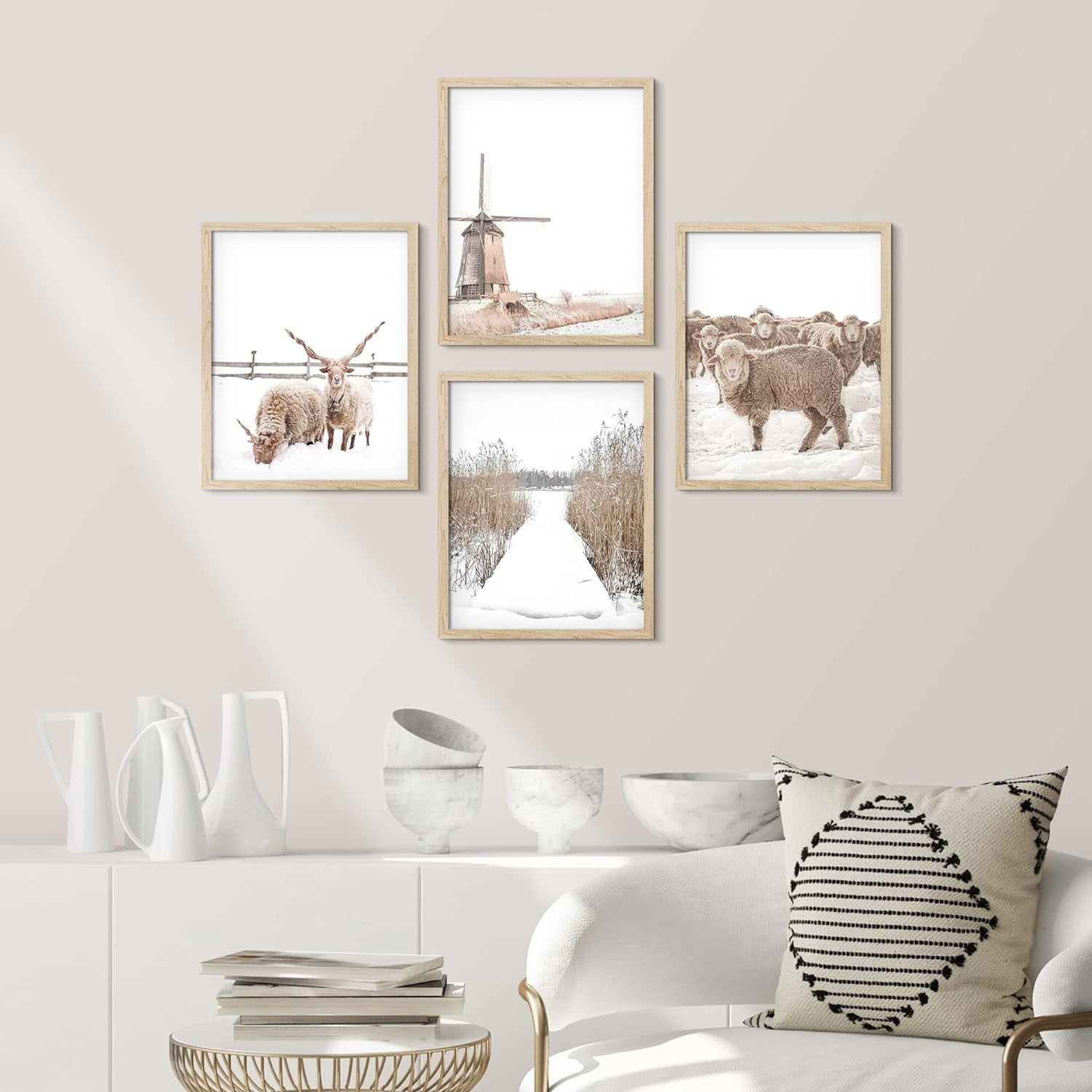 PixonSign Framed Wall Art Winter Country Farm Prints, Set of 4 Sheep ...