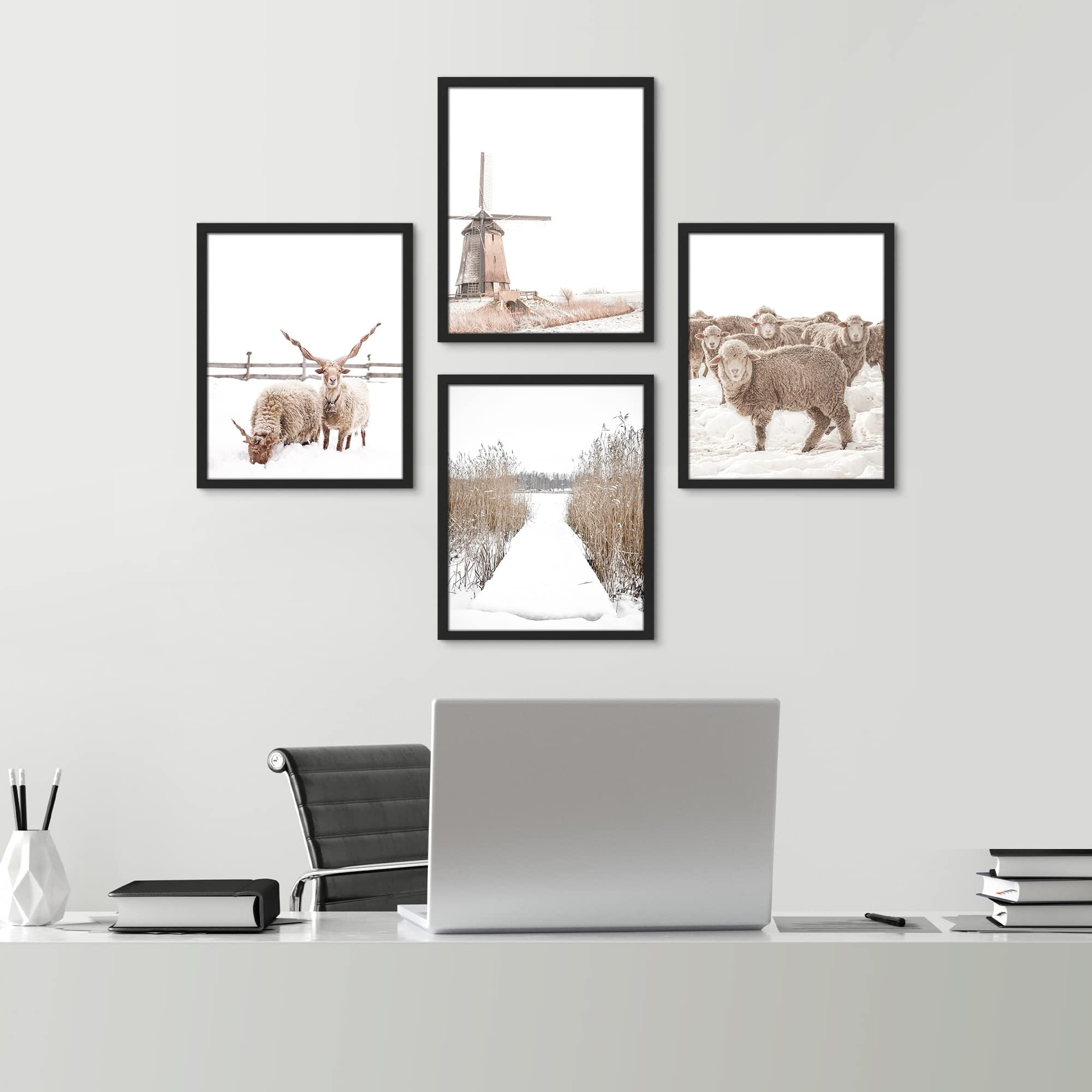 PixonSign Framed Wall Art Winter Country Farm Prints, Set of 4 Sheep ...