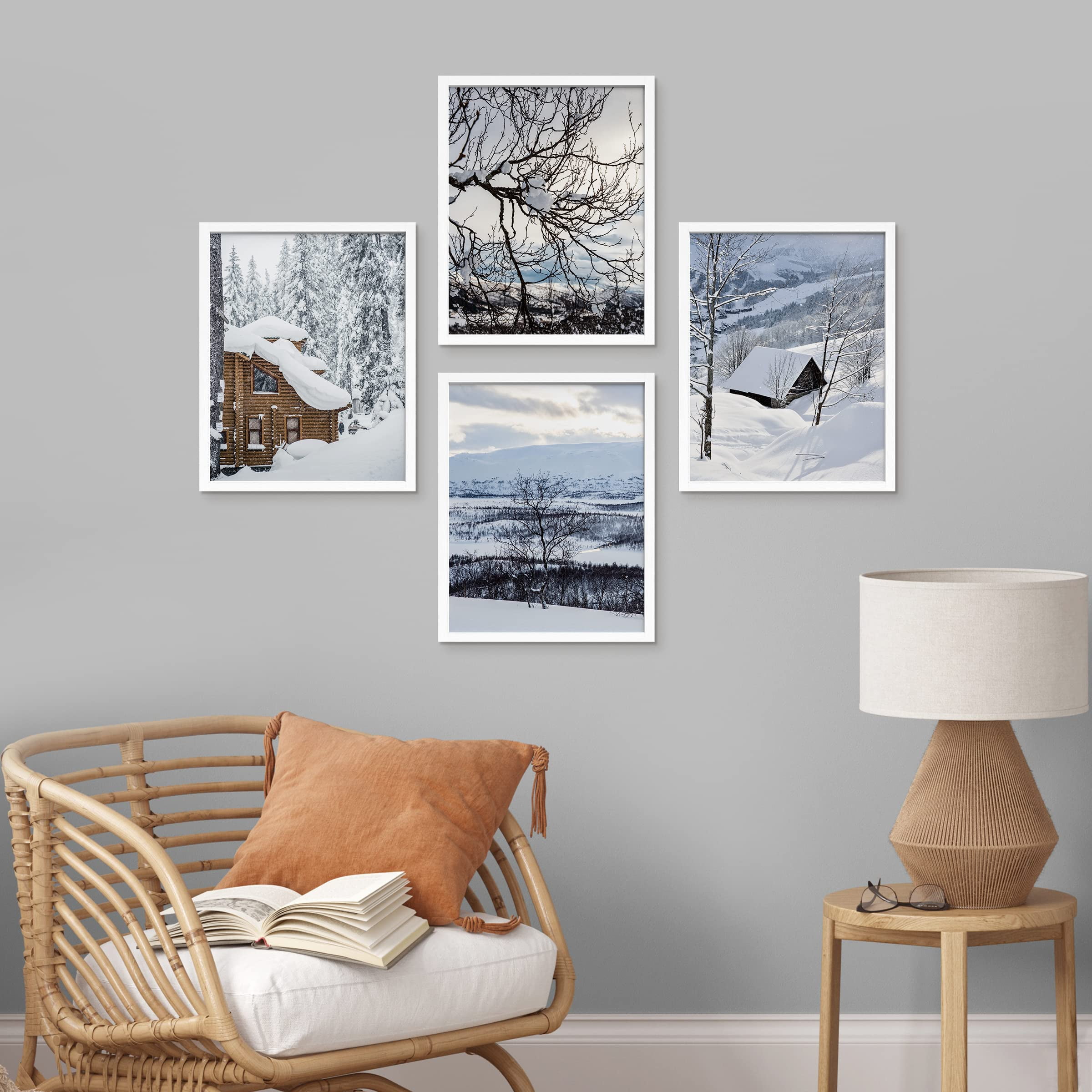 PixonSign Framed Wall Art Winter Snow Frost Log Cabin Landscape Prints ...