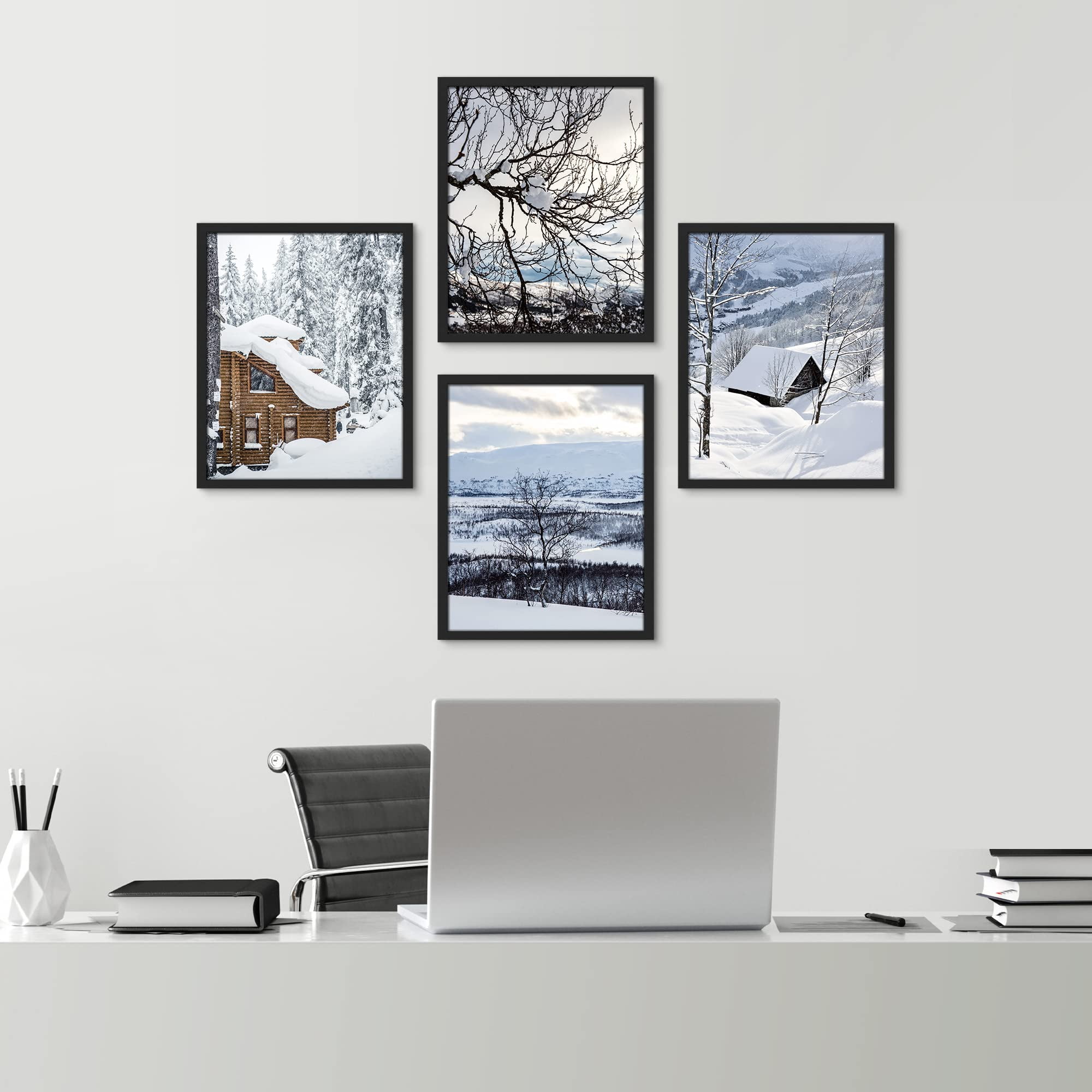 PixonSign Framed Wall Art Winter Snow Frost Log Cabin Landscape Prints ...