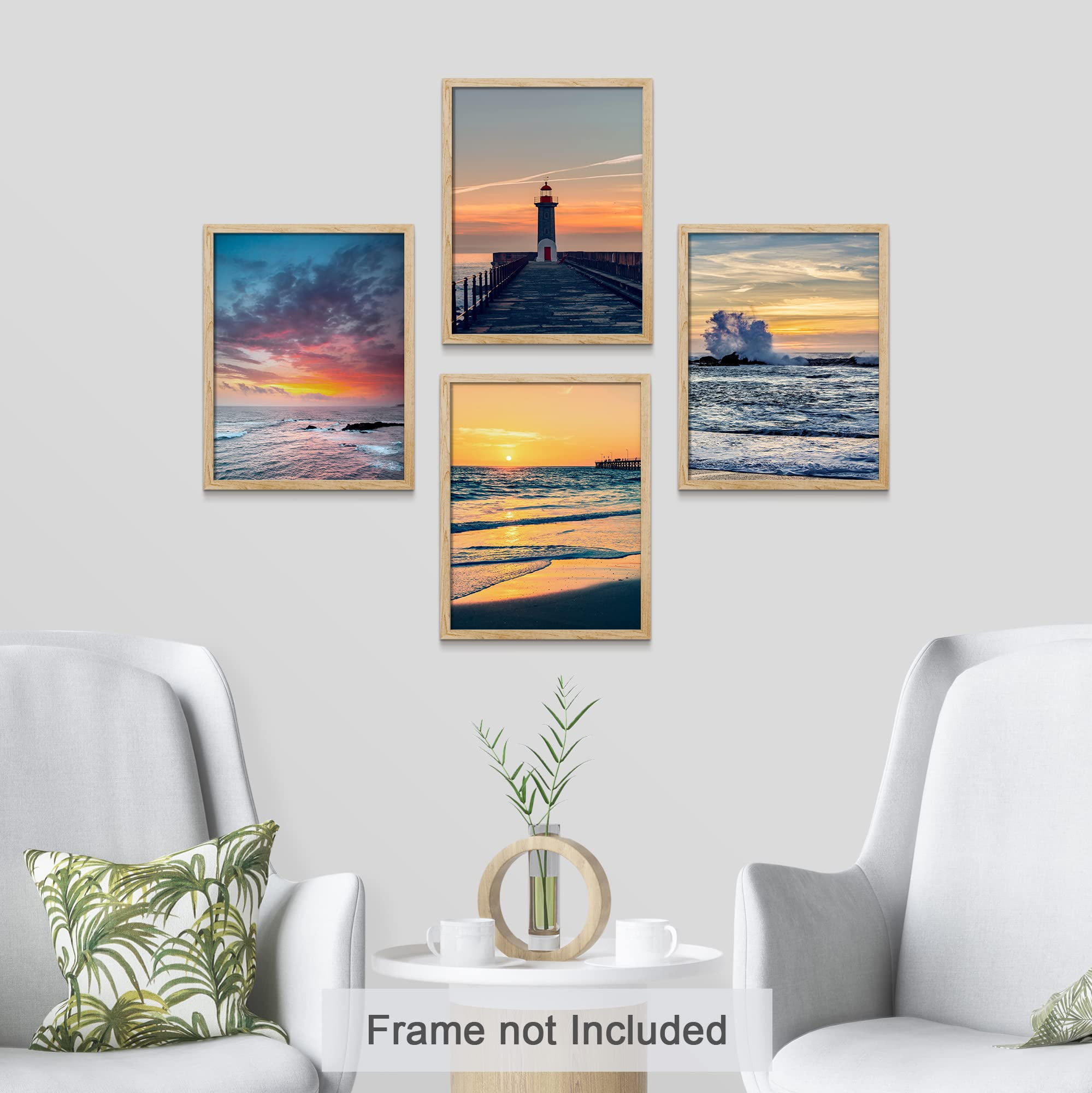 PixonSign Frameless Wall Art Orange Sunset Lighthouse Ocean Prints, Set ...