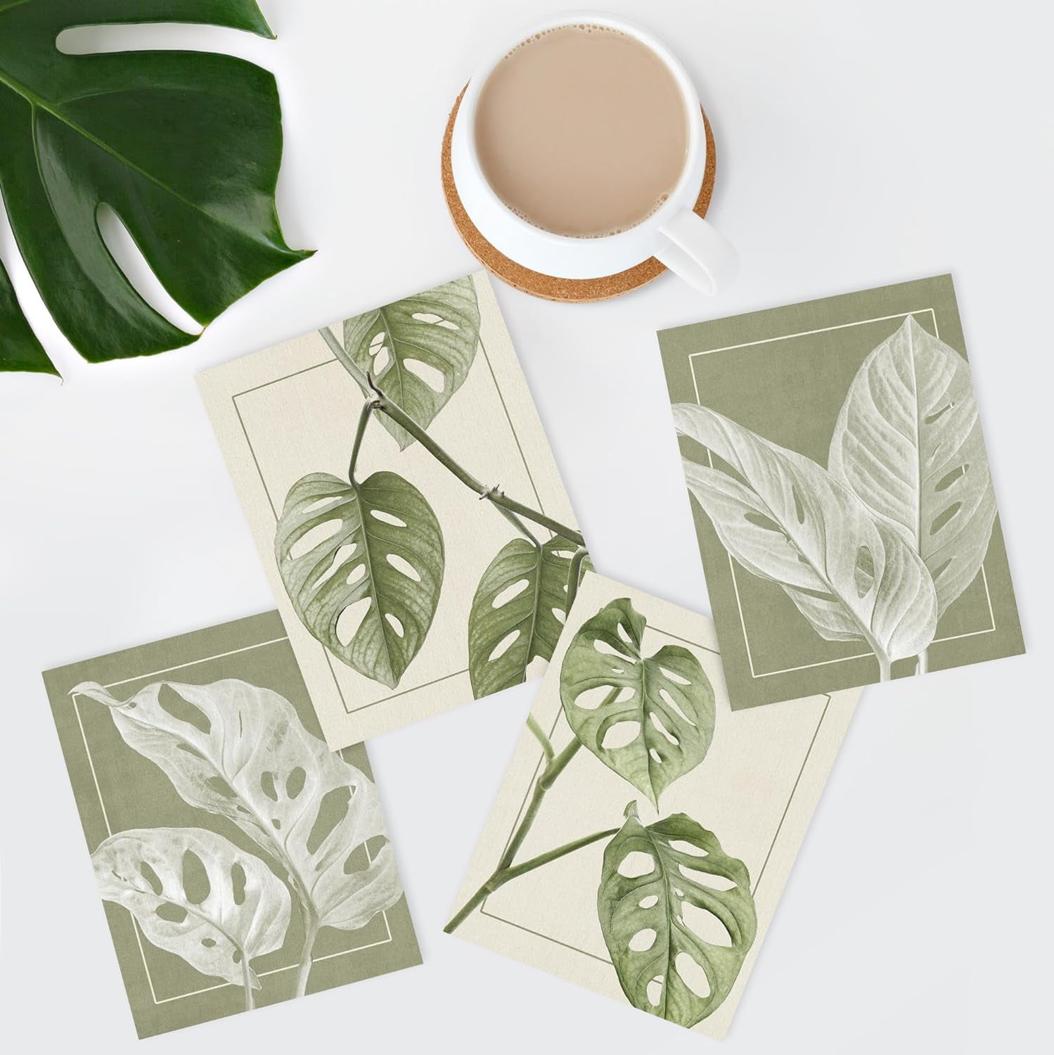 PixonSign Frameless Wall Art, Tropical Monstera Sage Green Leaf Posters ...