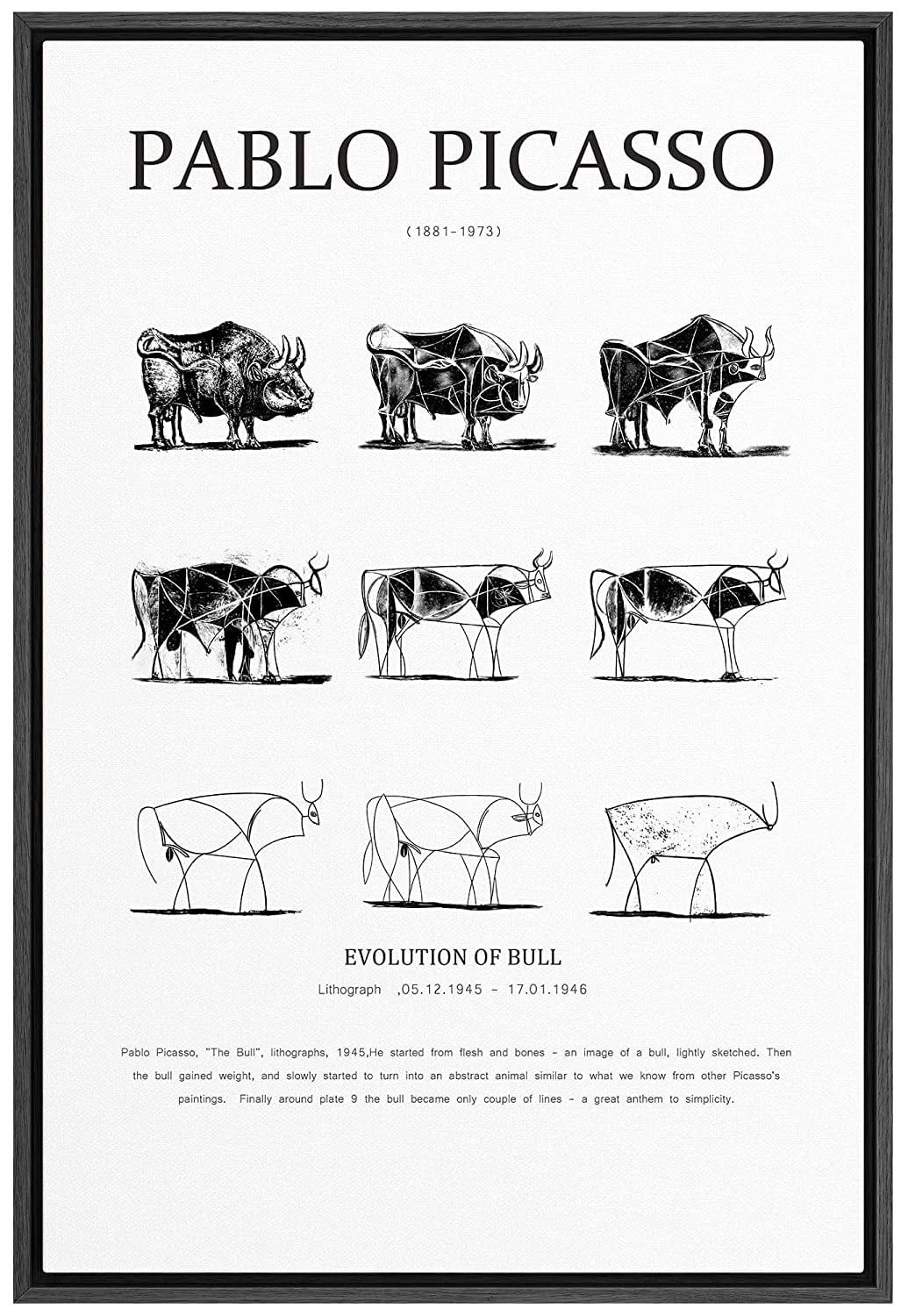 PixonSign ramed Canvas Print Wall Art Pablo Picasso Evolution of Bull ...