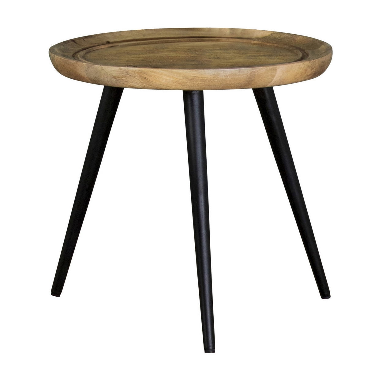 Piyo 22 Inch Round End Table, Raised Edge Wood Top, Tripod Black Iron ...