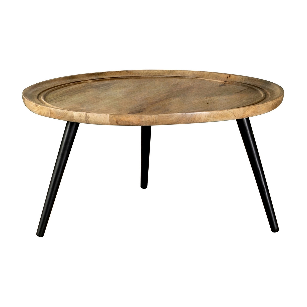 Piyo 36 Inch Round Coffee Table, Raised Edge Top, Tripod Black Iron ...