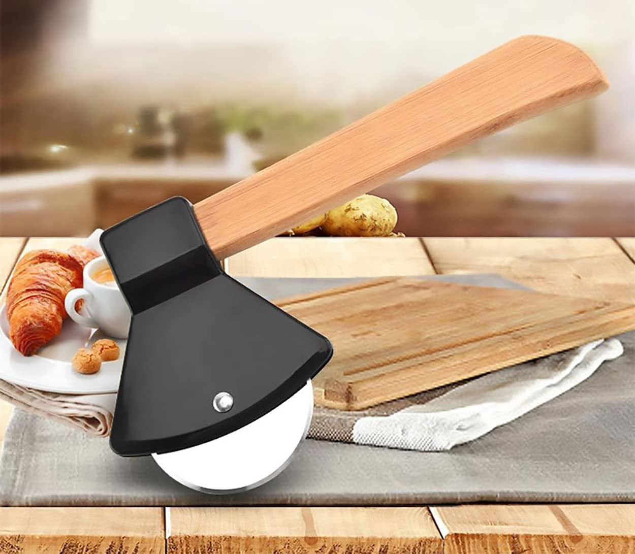 Pizza Cutter Wheel, Axe Shaped Stainless Steel Pizza Knife With Bamboo ...