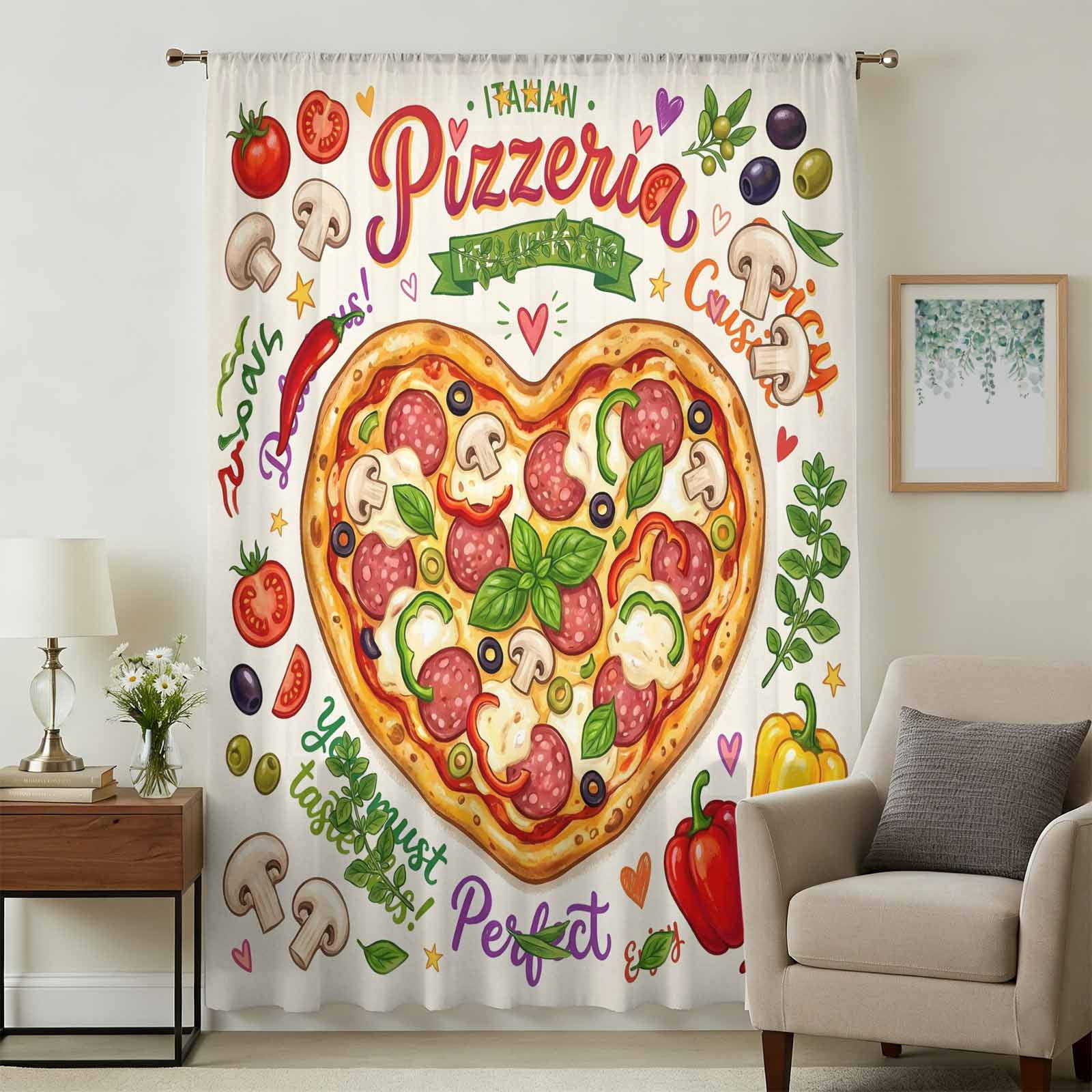 Pizza Delicacy Sheer Curtains 108" Extra Long for Living Room, Cartoon ...