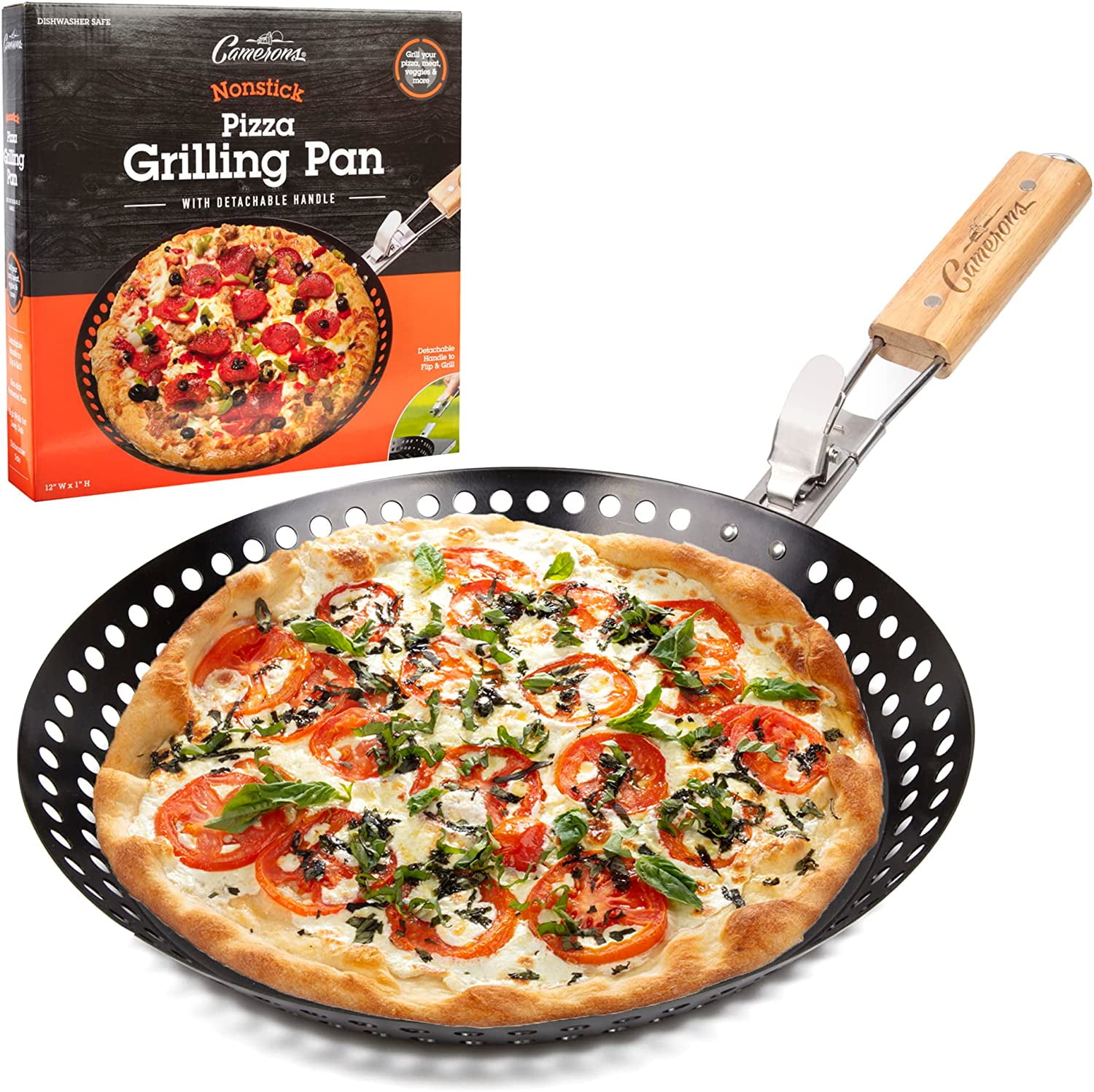Pizza Grill Pan (12") w Removable Handle- Perforated Non-stick Grilling ...