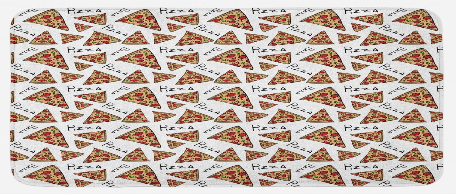 Pizza Kitchen Mat, Pattern in Hand Drawn Doodle Style Pizzeria Menu ...