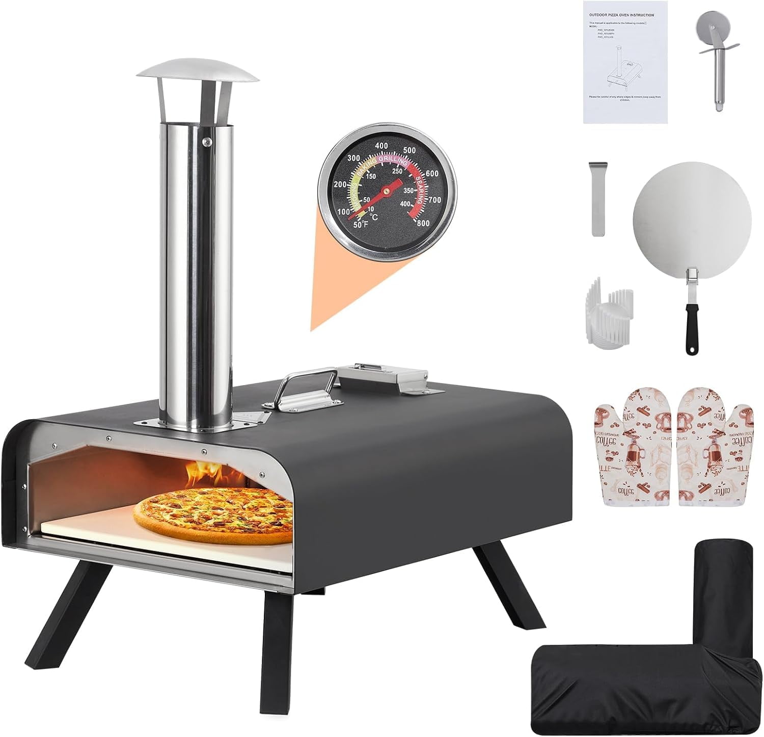 Pizza Oven Outdoor,12" Portable Wood Fired Pizza Oven with Thermometer ...