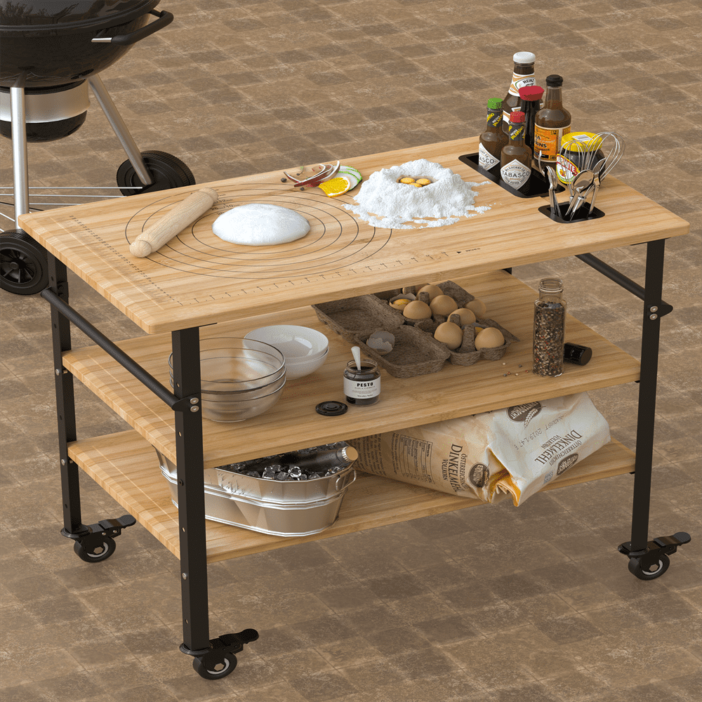 Pizza Oven Table, 3-Shelf Movable Outdoor Prep Table, 600lbs Capacity ...
