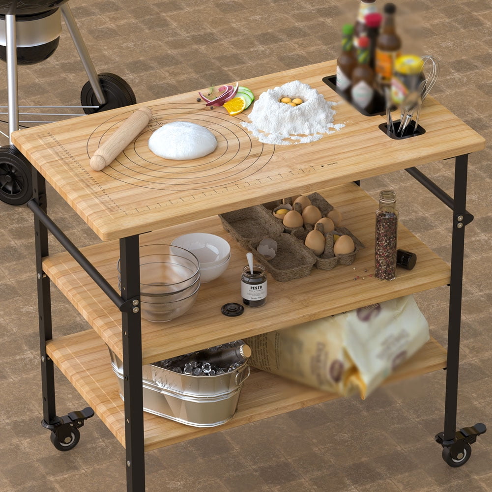 Pizza Oven Table, 3-Shelf Movable Outdoor Prep Table, 600lbs Capacity ...