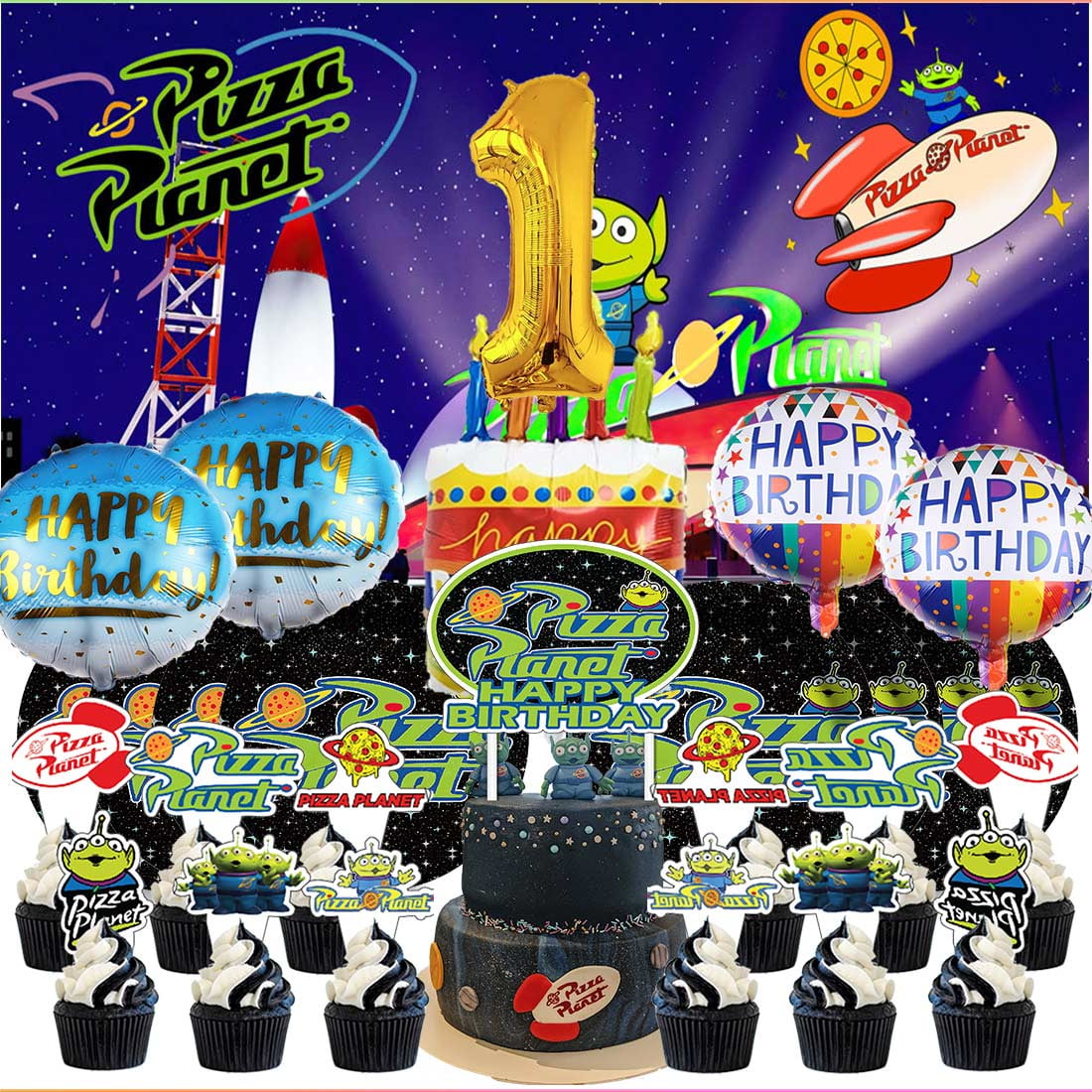Pizza Planet Aliens 1st Tableware Balloons Cake Toppers Backdrop Banner ...