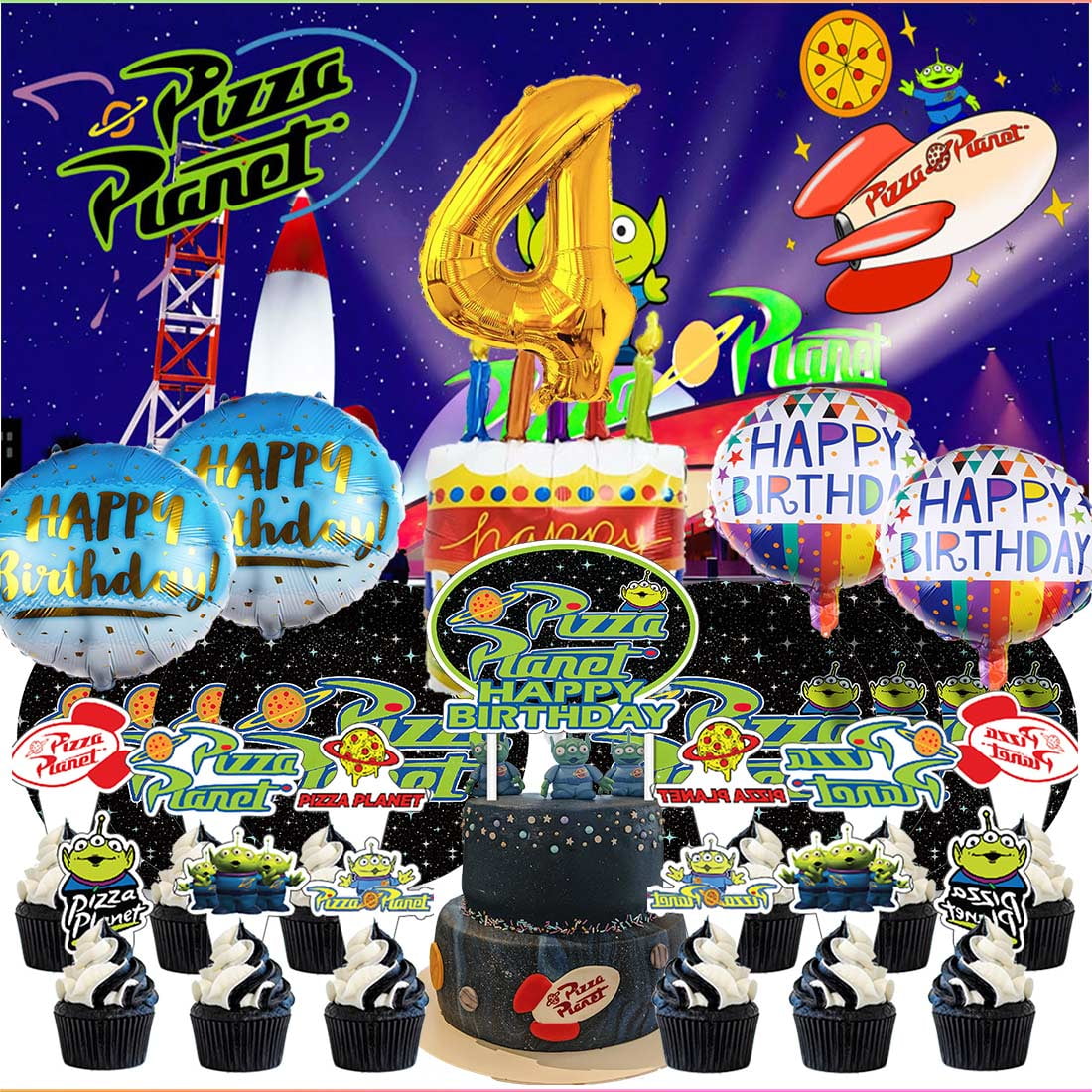 Pizza Planet Aliens 4th Tableware Balloons Cake Toppers Backdrop Banner ...