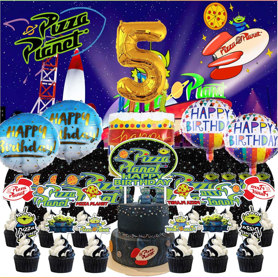 Pizza Planet Aliens 5th Tableware Balloons Cake Toppers Backdrop Banner ...