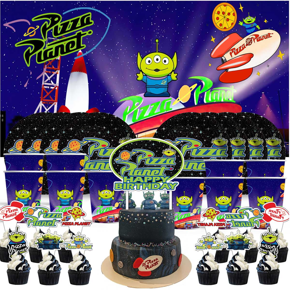Pizza Planet Aliens Birthday Cups Party Supplies Decor Backdrop Paper ...