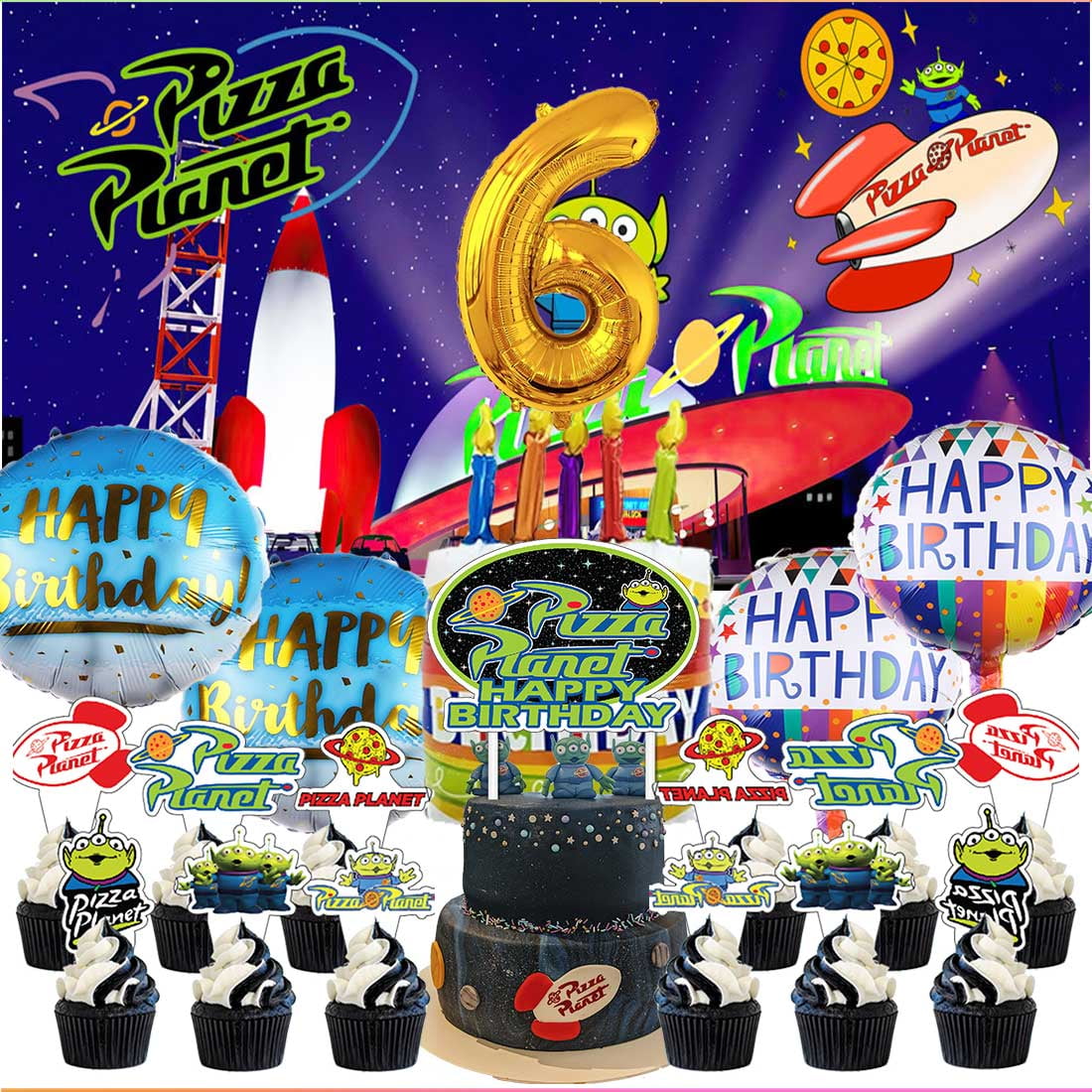 Pizza Planet Aliens Party Supplies Decor 6th Kit Balloons Birthday Cake ...
