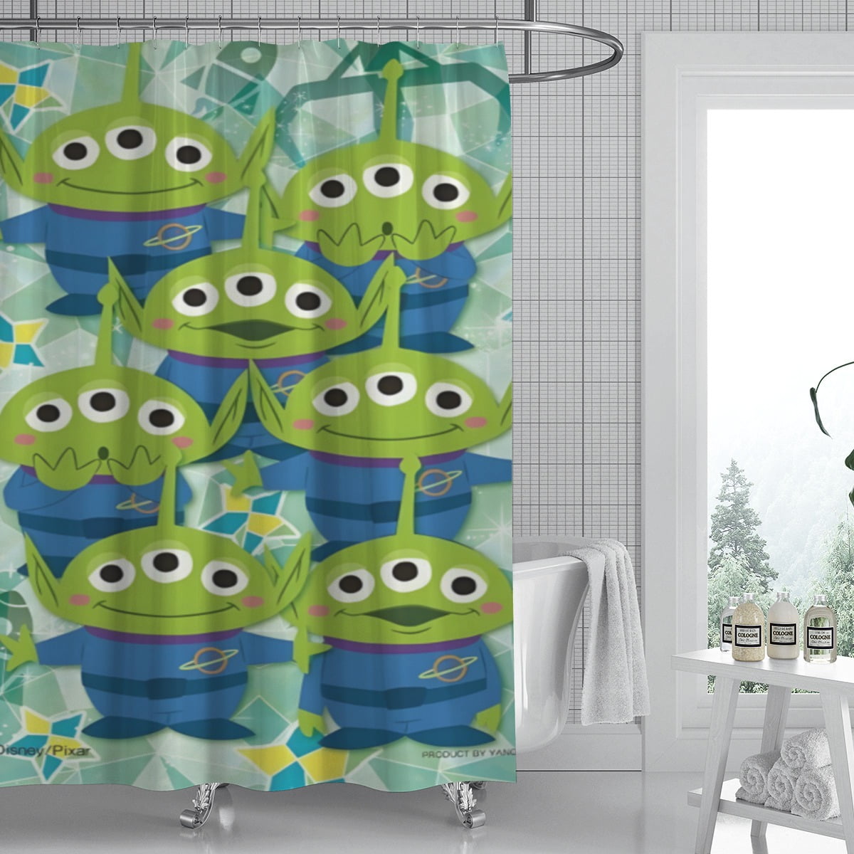 Pizza Planet Aliens shower curtain displays an eye-catching design, is ...