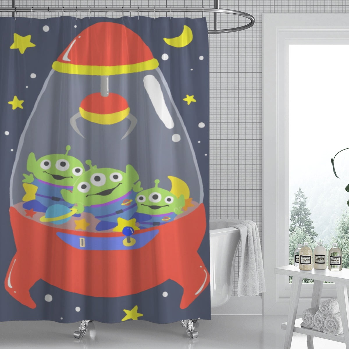 Pizza Planet Aliens shower curtain features a striking image, is ...