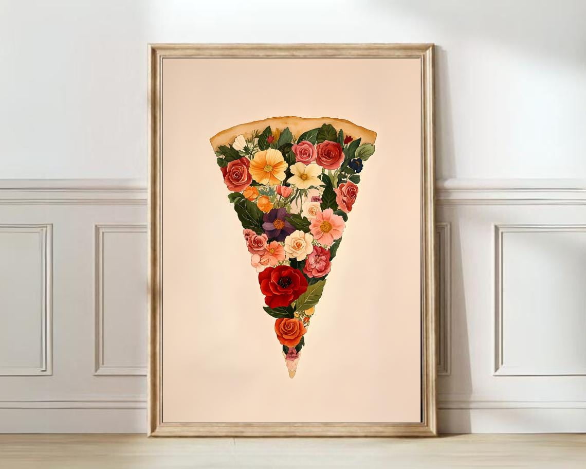Pizza Slice Print Kitchen Print Floral Pizza Print Botanical Pizza ...