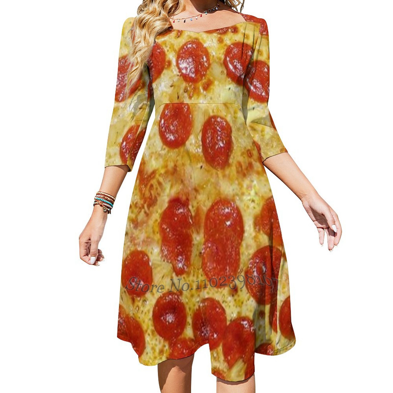 Pizza Sweet Elegant Dress Women Korean Kawaii Square Collar Dress Pizza ...