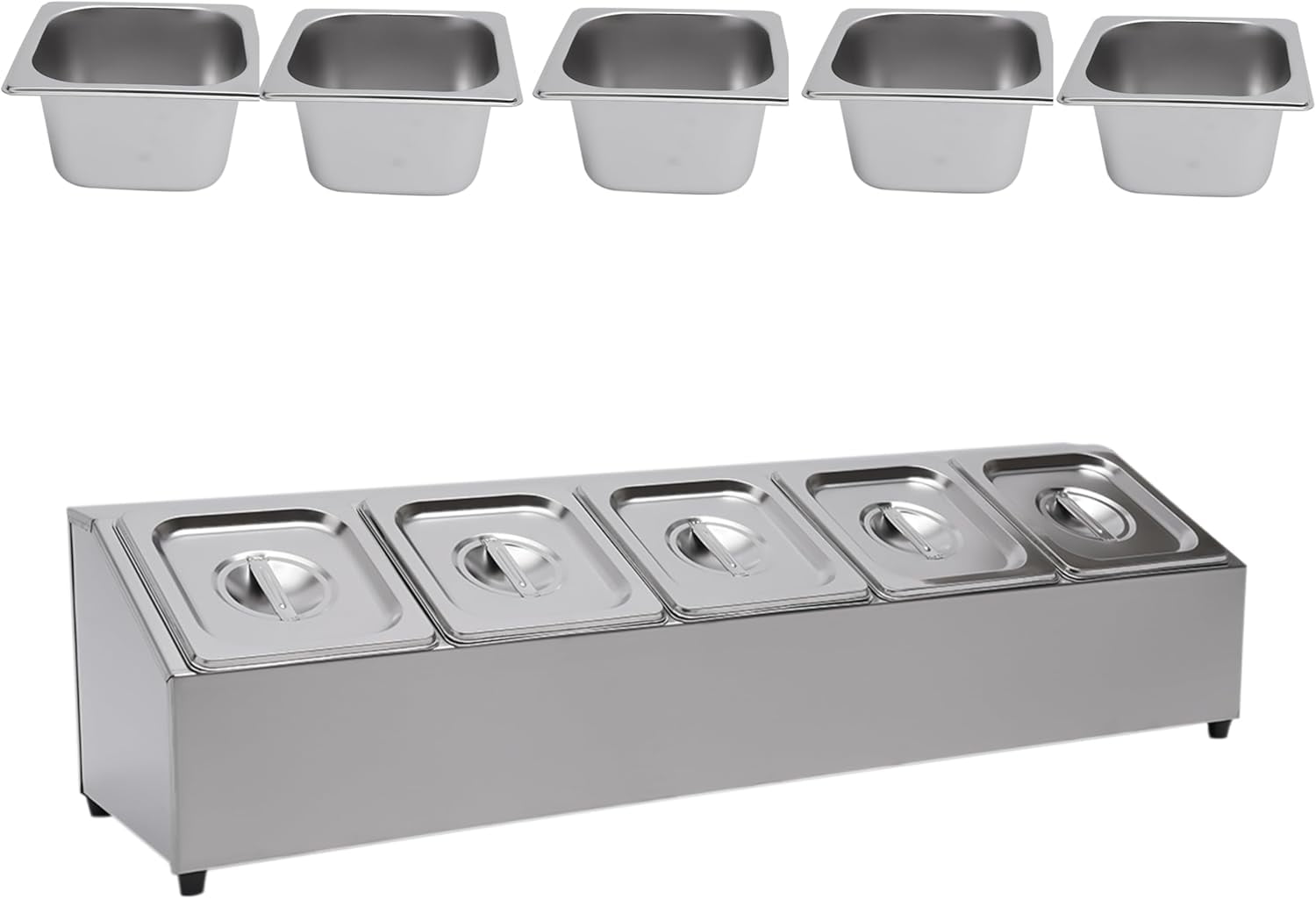 Pizza Topping Station with 5 Pans and Lids, Stainless Steel Condiment ...