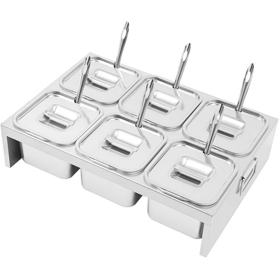 Pizza Topping Station - 6 Compartment 2.5Qt Stainless Steel Condiment ...