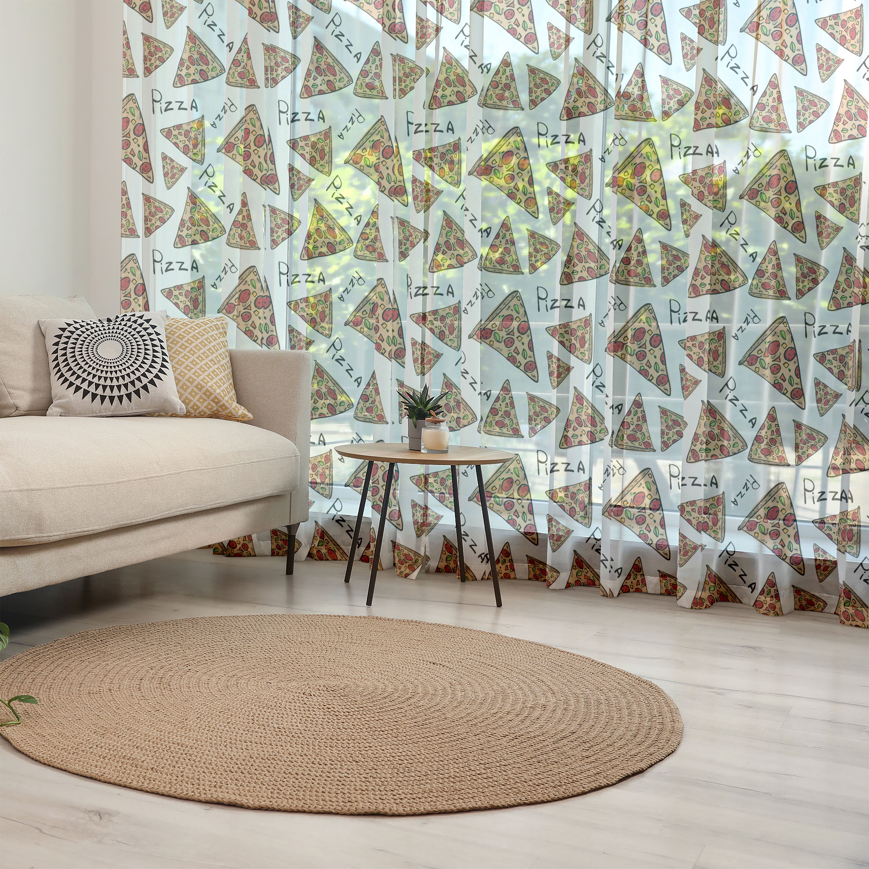 Pizza Tulle Curtains with Rod Pocket, Pattern in Hand Drawn Doodle ...