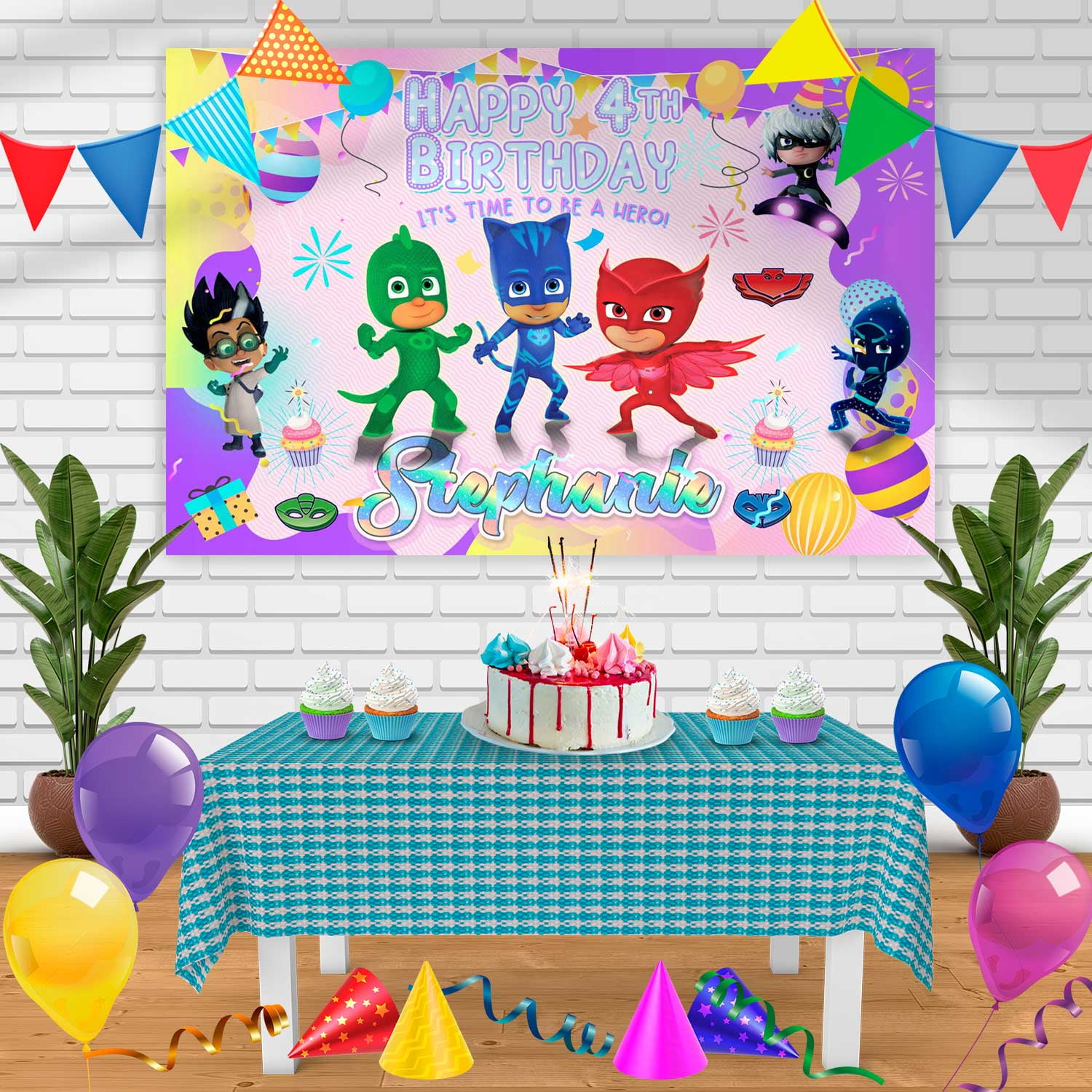 Pj Mask Girl Pink Birthday Banner Personalized Party Backdrop ...