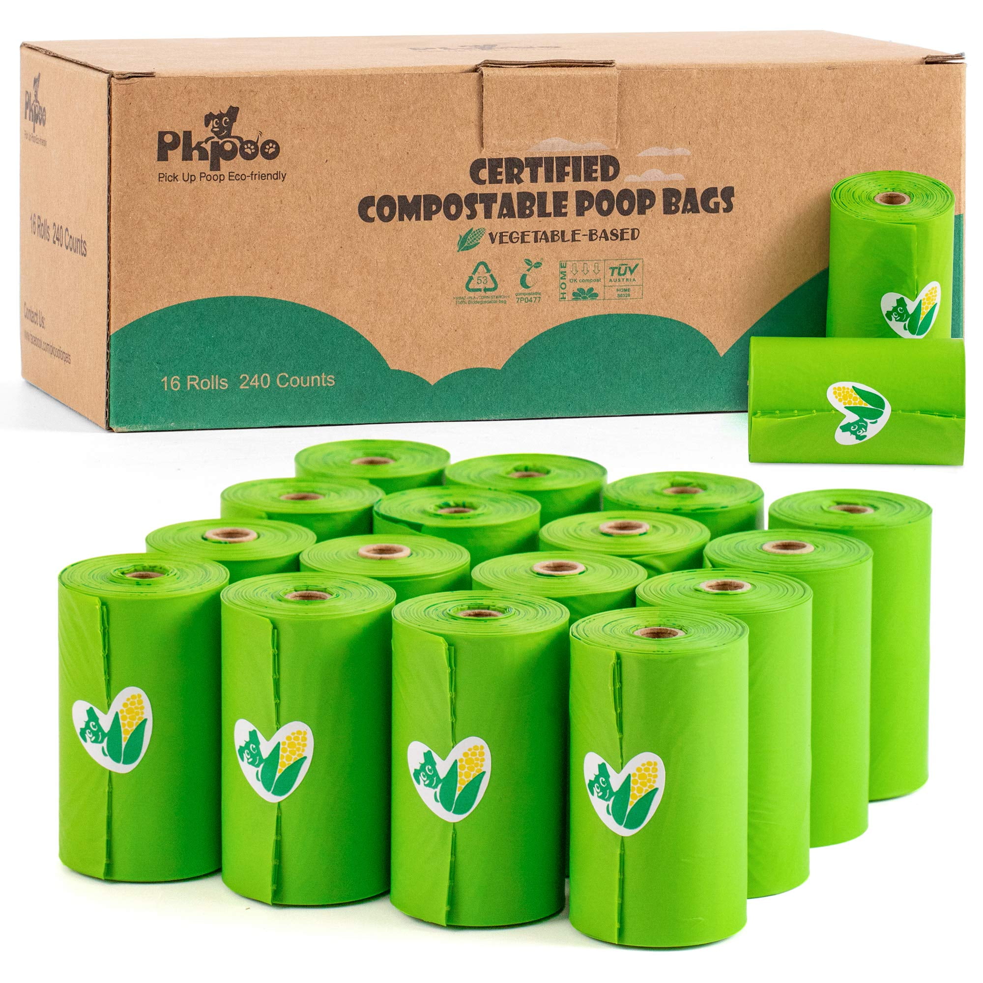 Pkpoo 100% Compostable Dog IRF13 Poop Bags, Extra Wide, Vegetable-Based ...