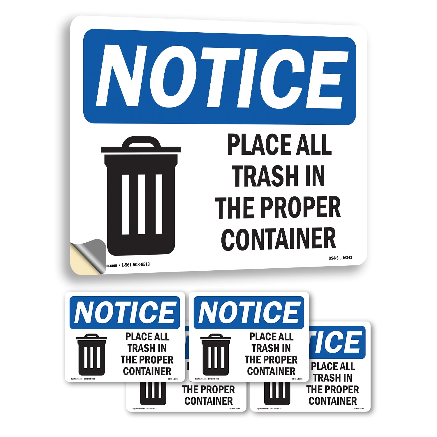 Place All Trash In The Proper Container OSHA Notice Vinyl Decal Label ...