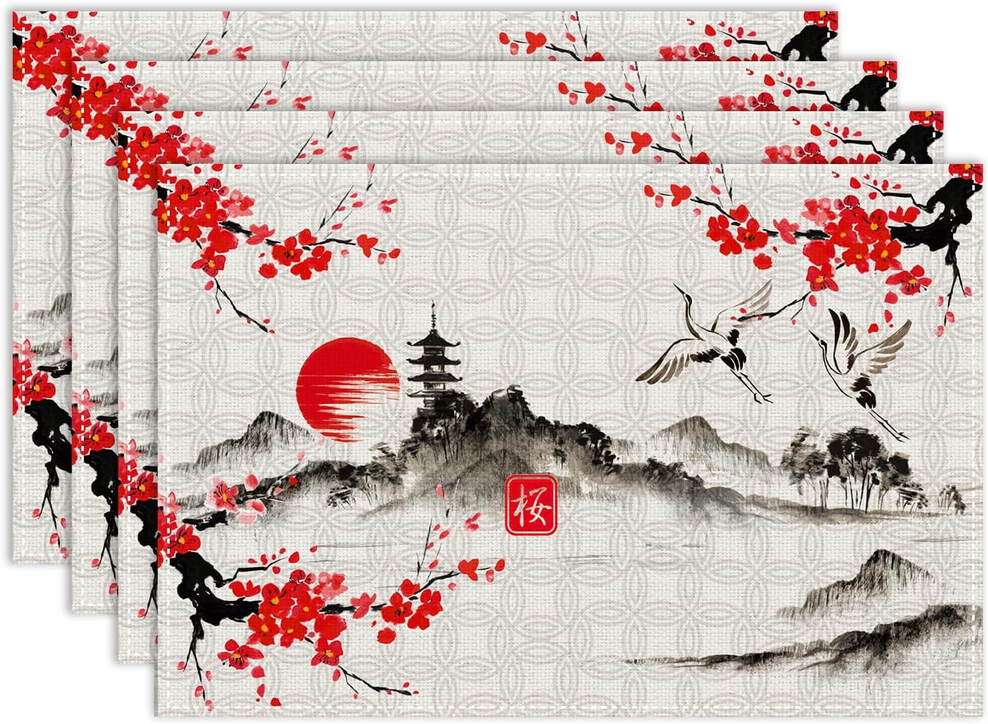 Placemat Set of 4, 12x18 Inch Traditional Asian Cherry Blossom Crane ...