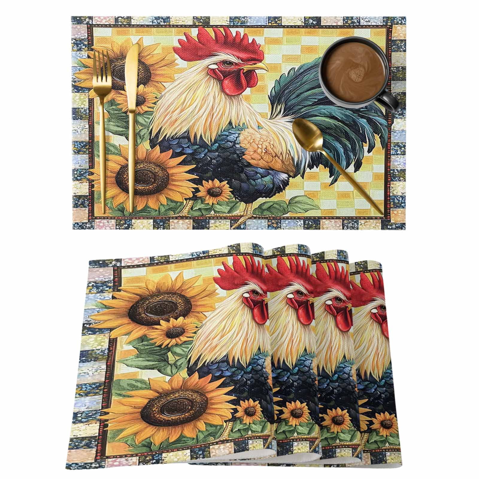 Placemat Set of 6 Retro Rooster Sunflower Placemats for Dining Table ...