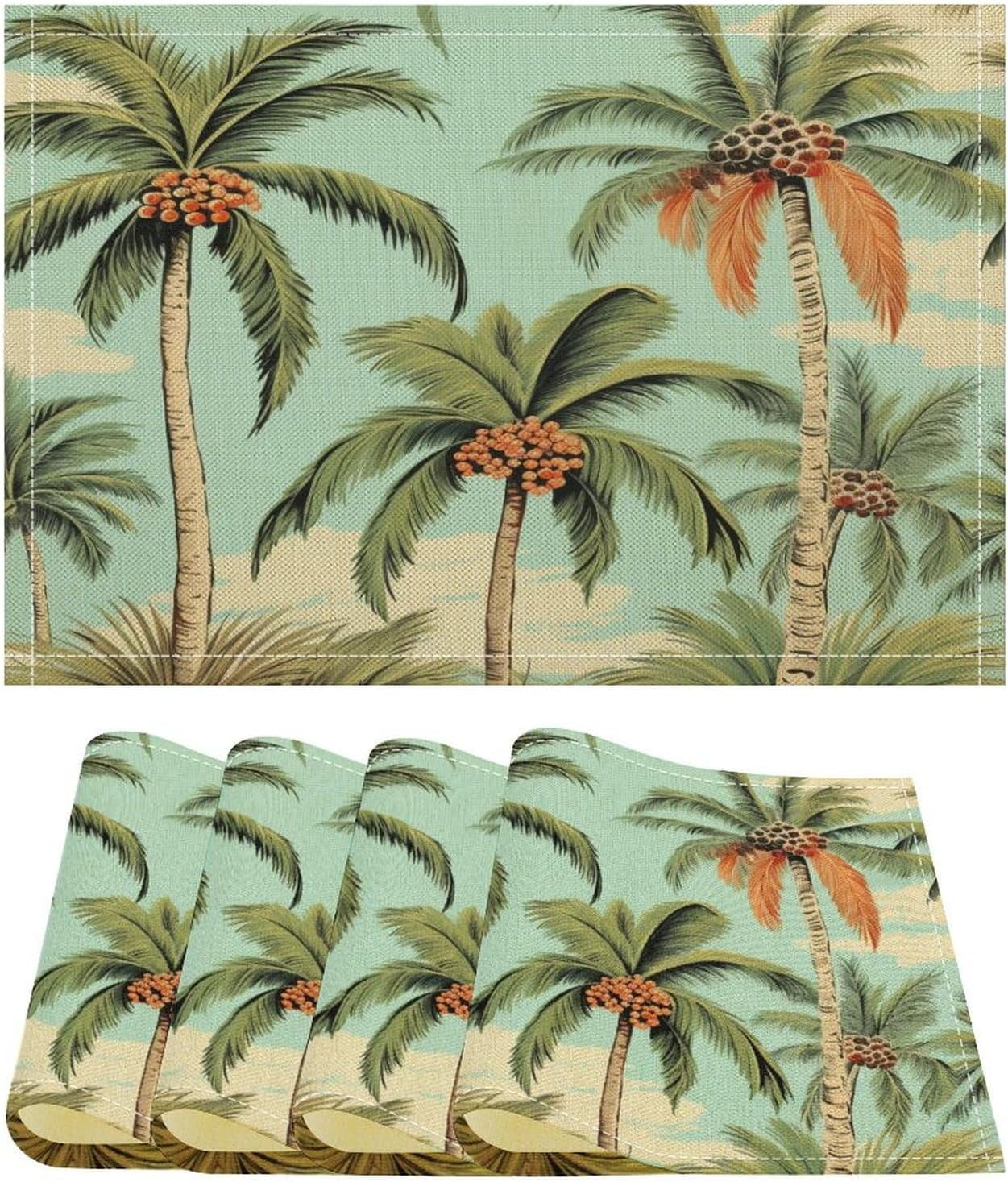 Placemat Set of 4, Vintage Tropical Palm Tree Cotton Linen Table Mat ...