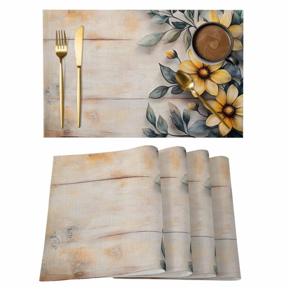 Placemat Set of 4 Yellow Flowers Placemats for Dining Table Wood Grain ...