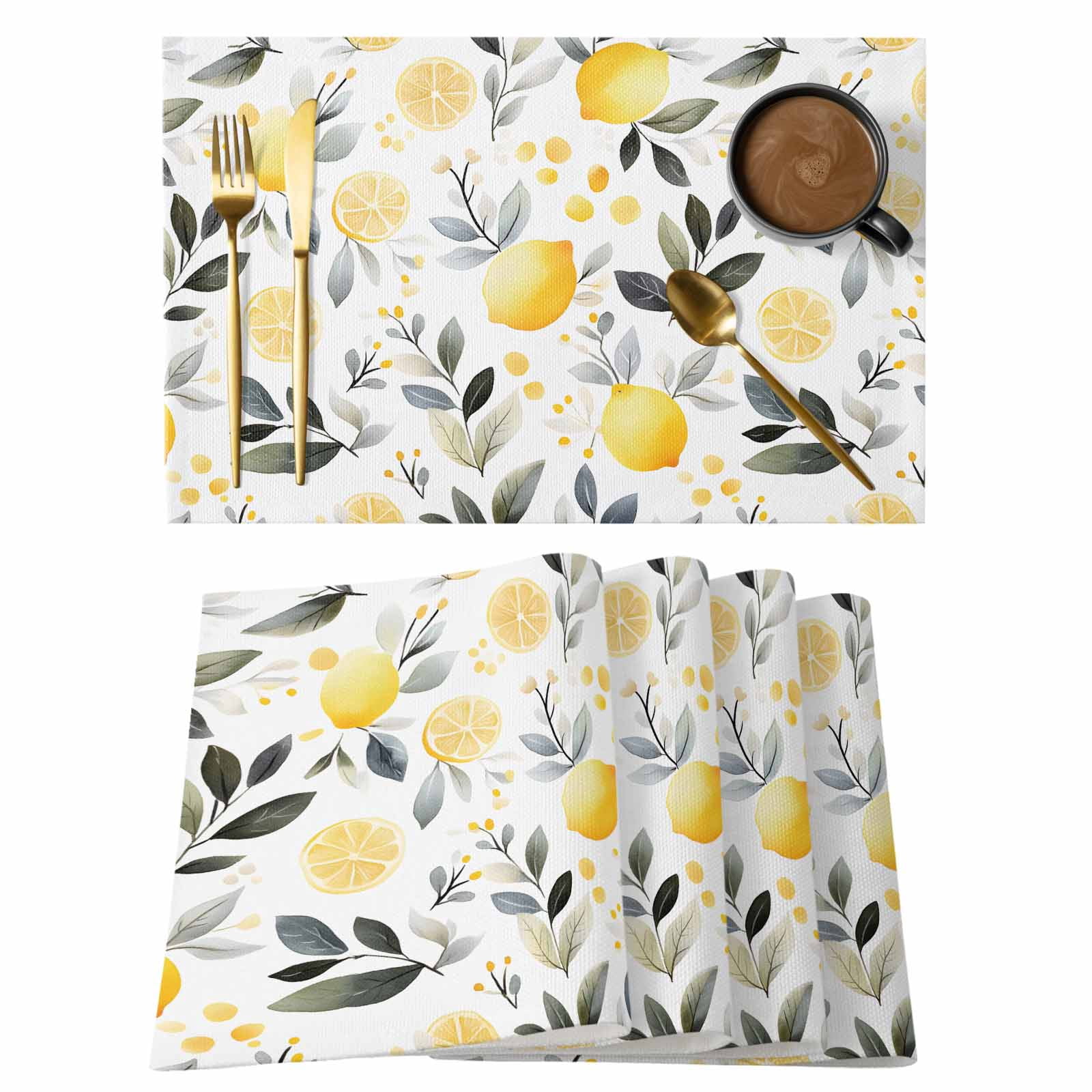 Placemat Set of 4 Yellow Lemon Placemats for Dining Table Fruit Leaf ...