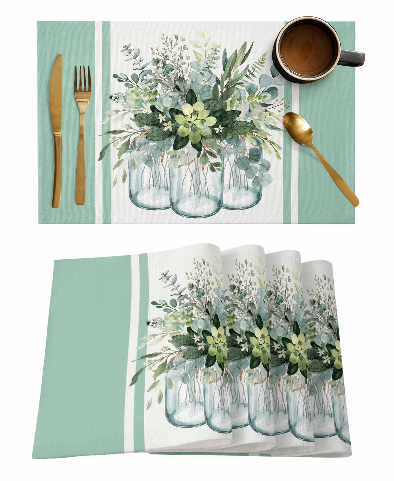 Placemat Spring Eucalyptus Leaves Striped Sage Green Kitchen Tableware ...