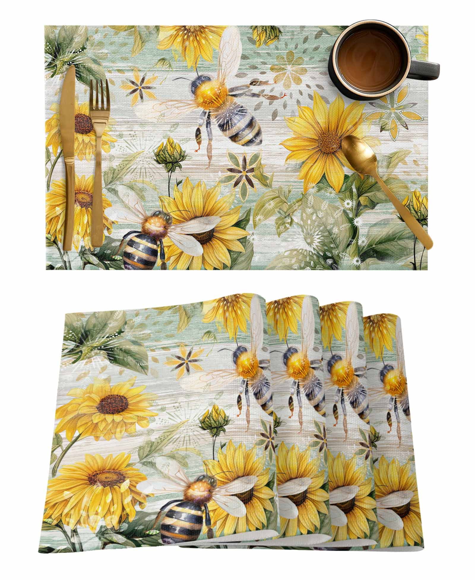 Placemat Vintage Rural Style Wood Grain Flowers Kitchen Tableware Cup ...