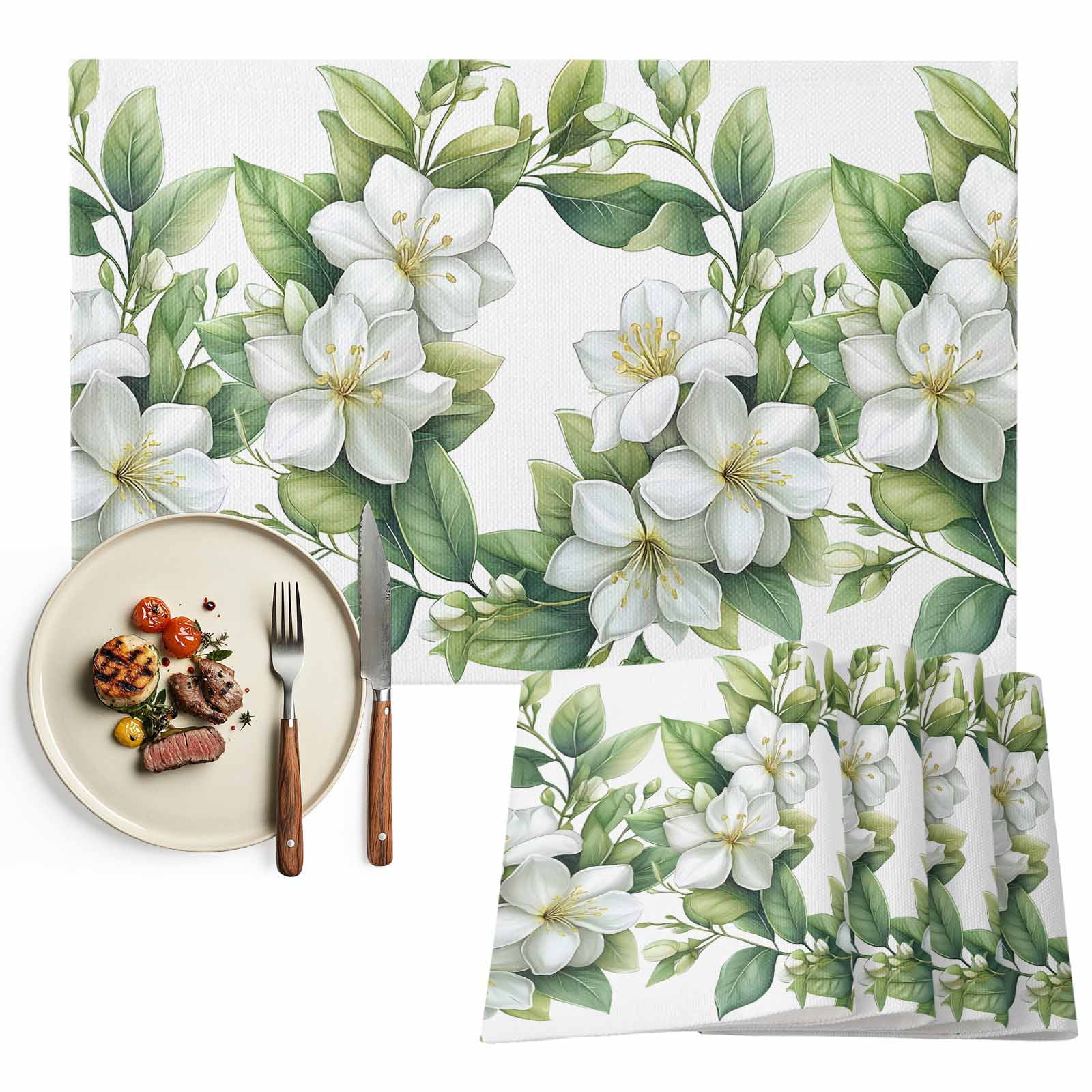 Placemat White Flowers Green Leaves Placemats for Dining Table ...