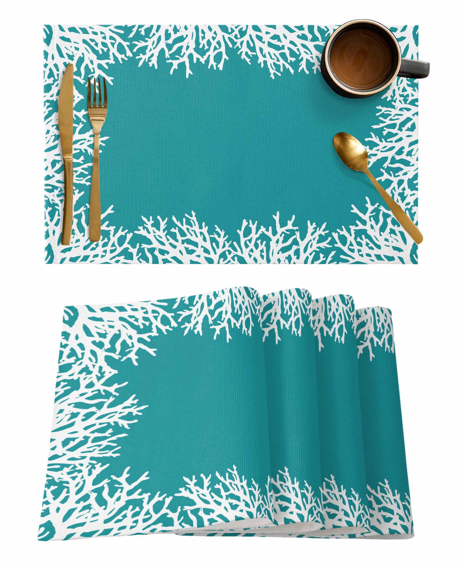 Placemats 1 Pack, Aqua Coastal Coral Woven Placemat, Linen Place Mats ...
