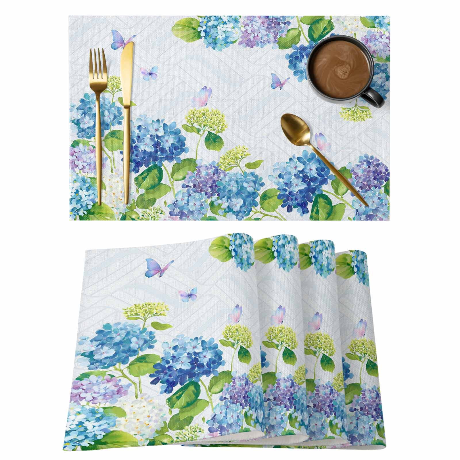 Placemats 1 Pack, Blue Hydrangea Floral Woven Placemat, Linen Place ...