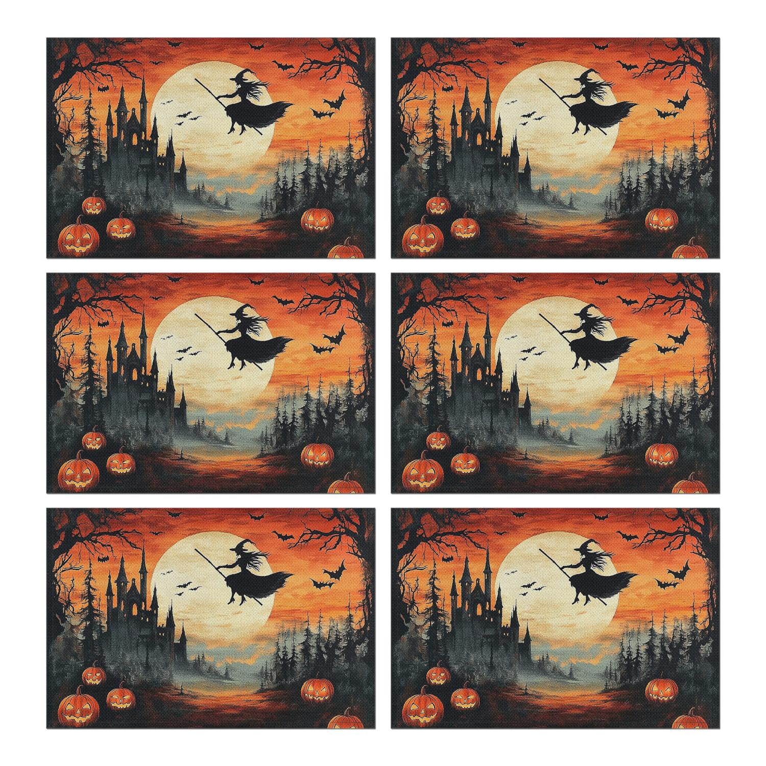 Placemats 6 Pack Halloween Pumpkin Bat Spider Witch Place Mat Washable ...
