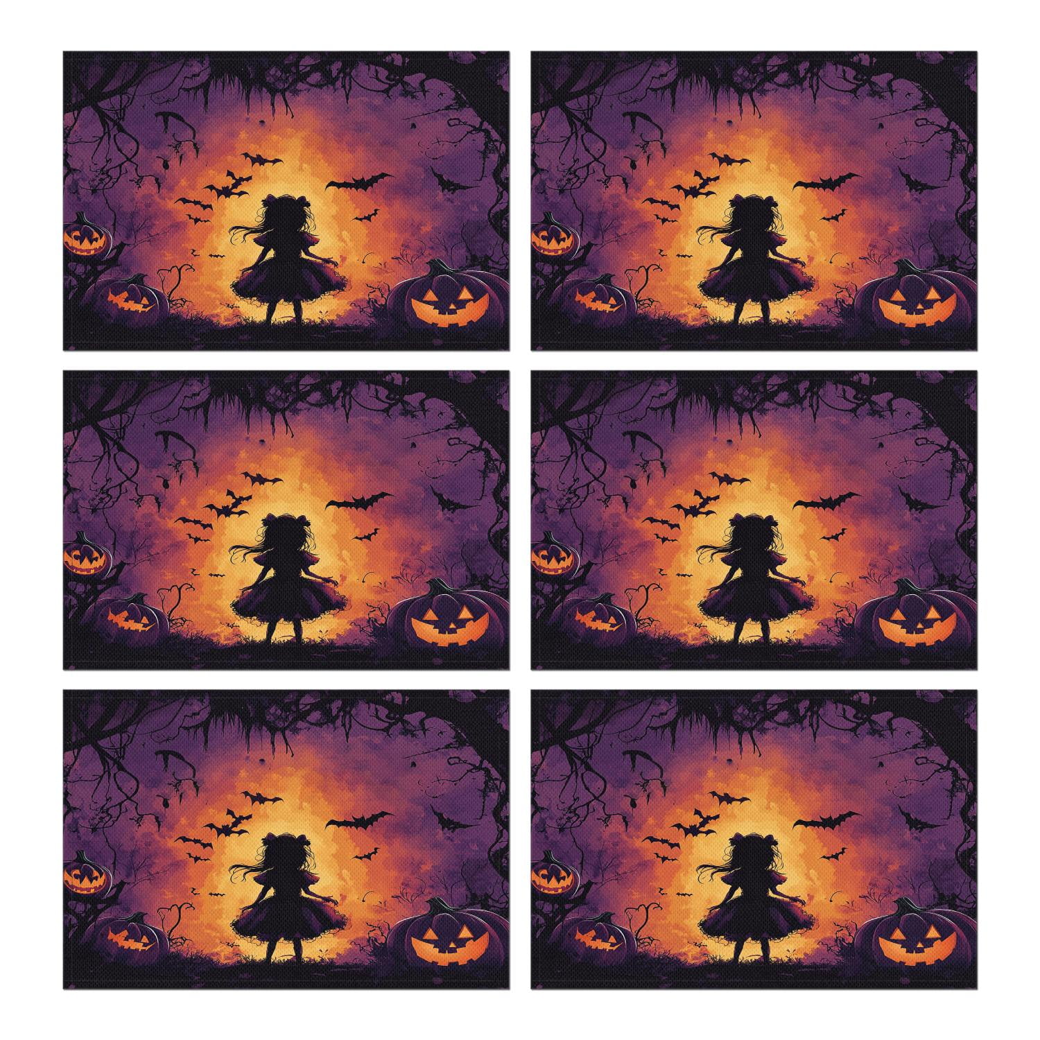 Placemats 6 Pack Halloween Pumpkin Witch Bat Spider Purple Spooky Place ...