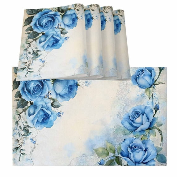 Placemats for Dinning Table Set of 12, Blue Flower Spring Rose Leaves ...