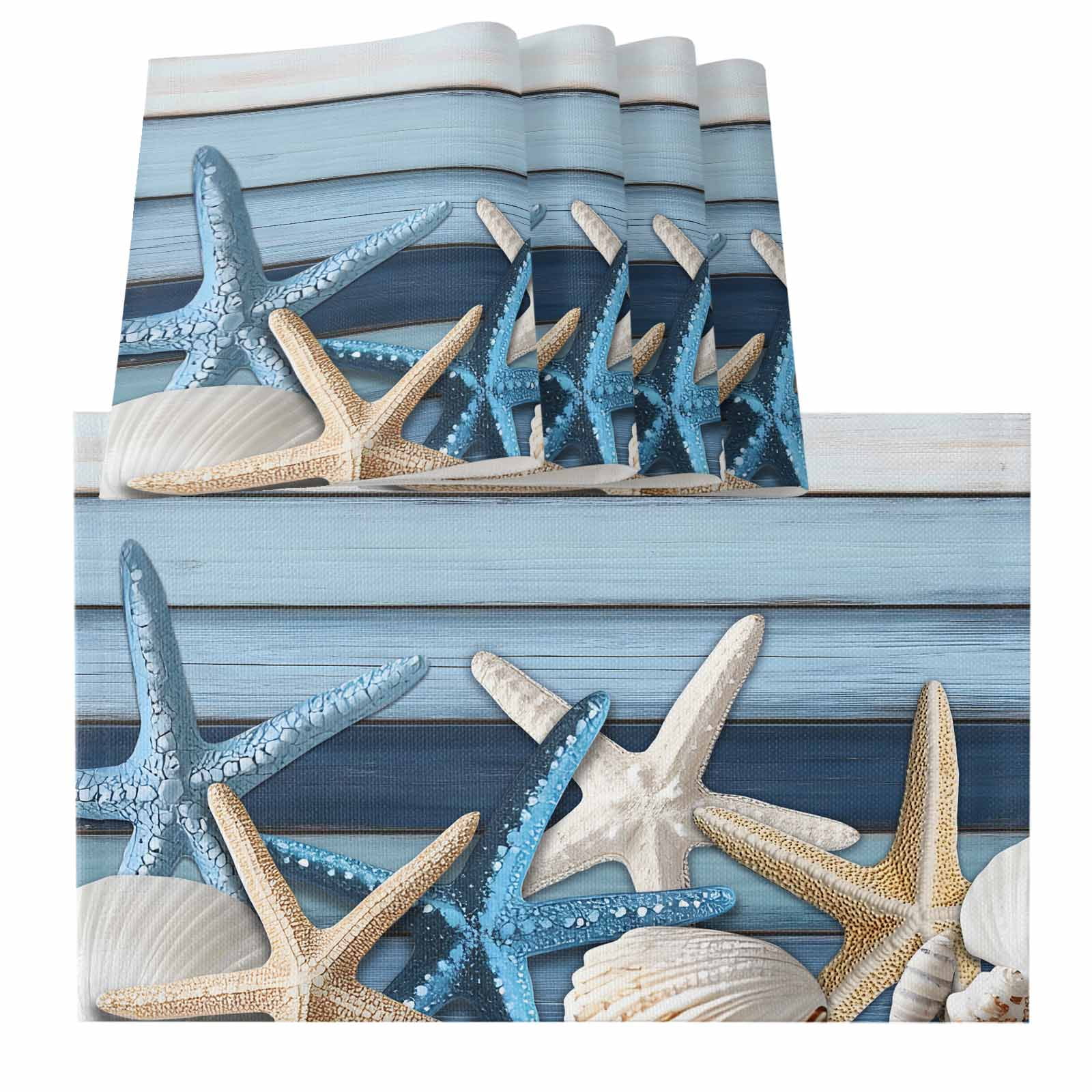 Placemats for Dinning Table Set of 12, Coastal Starfish Blue Wooden ...