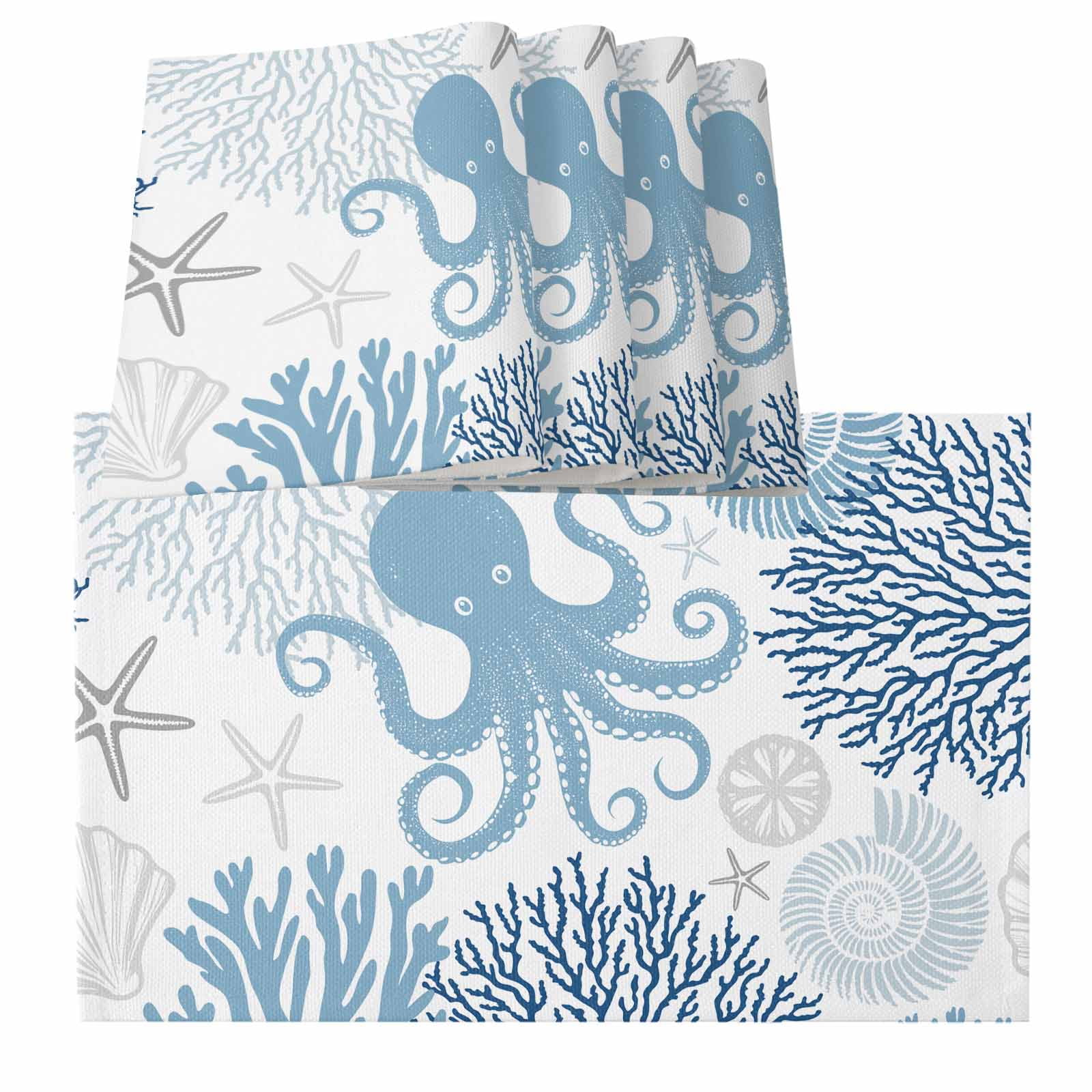 Placemats for Dinning Table Set of 12, Navy Blue Octopus Coastal ...