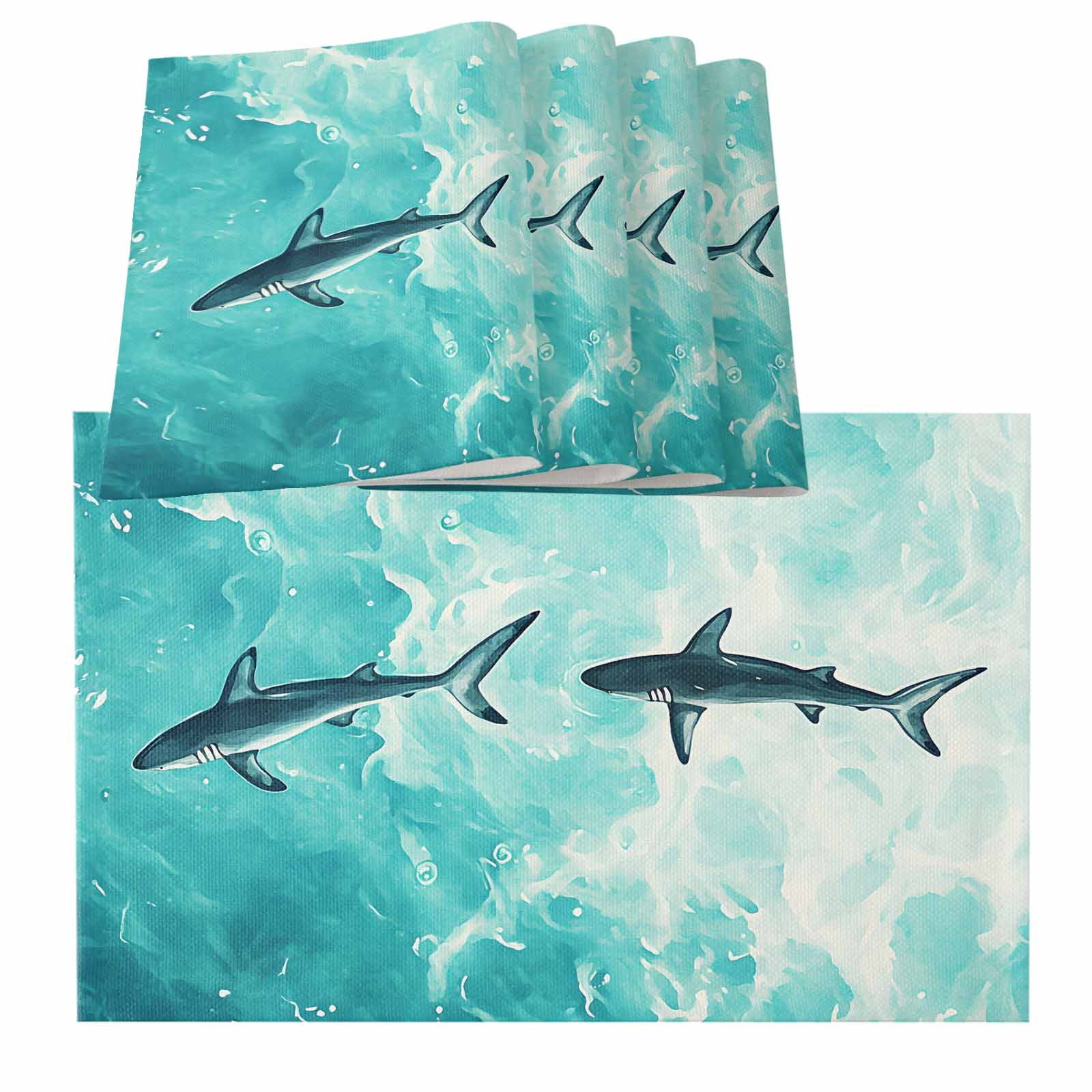 Placemats for Dinning Table Set of 12, Ocean Shark Teal Green Wave ...