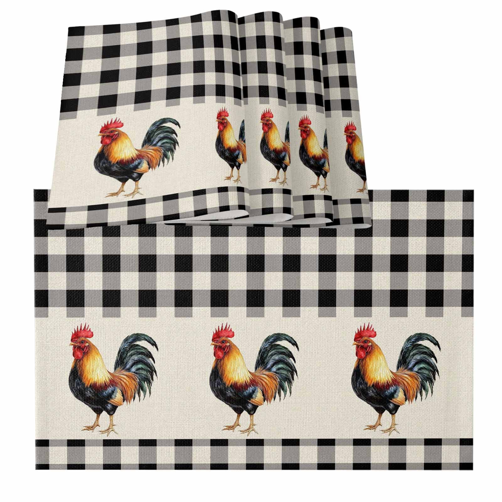 Placemats for Dinning Table Set of 8, Black White Plaid Rooster Vintage ...