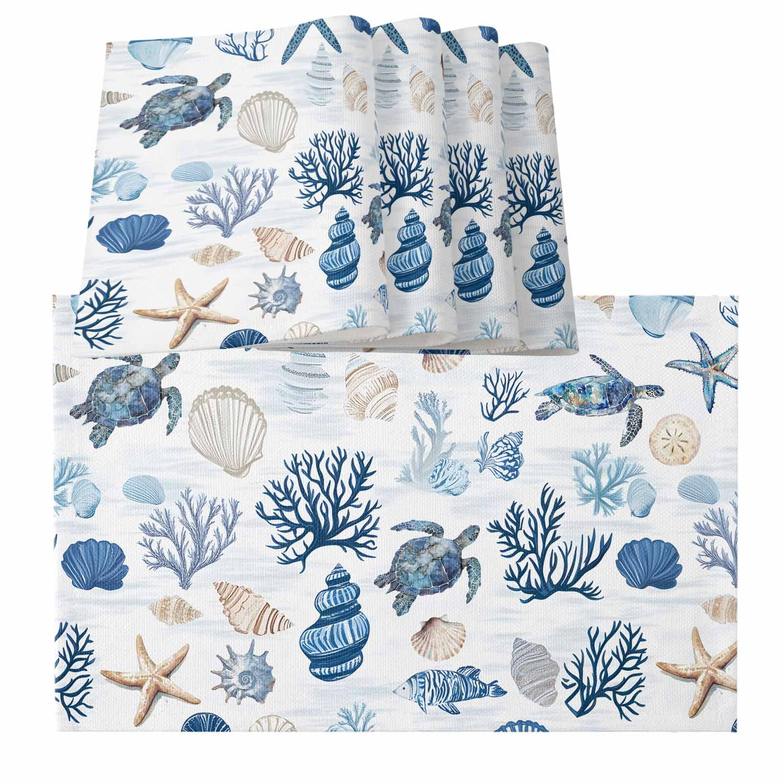 Placemats for Dinning Table Set of 8, Blue Coastal Starfish Sea Turtle ...